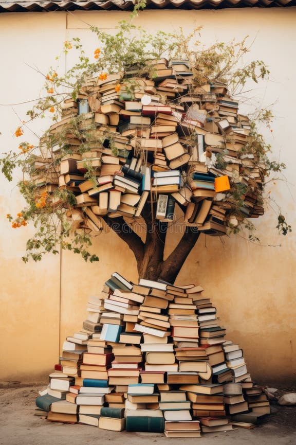 A Tree with a House Made of Books Stock Illustration - Illustration of ...