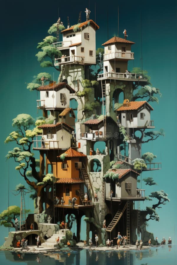 A Tree House with Many Different Types of Buildings. Generative AI ...