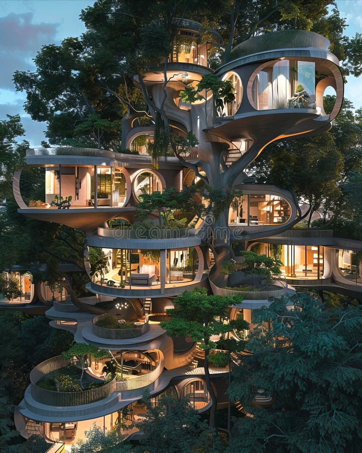 A Tree House with Many Rooms and Balconies Stock Photo - Image of ...