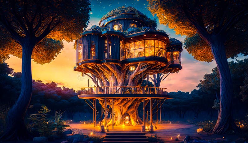 Tree House in the Middle of Forest. Generative AI Stock Illustration ...
