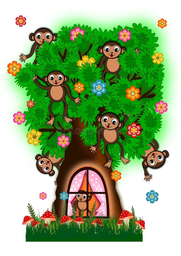 Tree house and monkey stock illustration. Illustration of green - 62039954