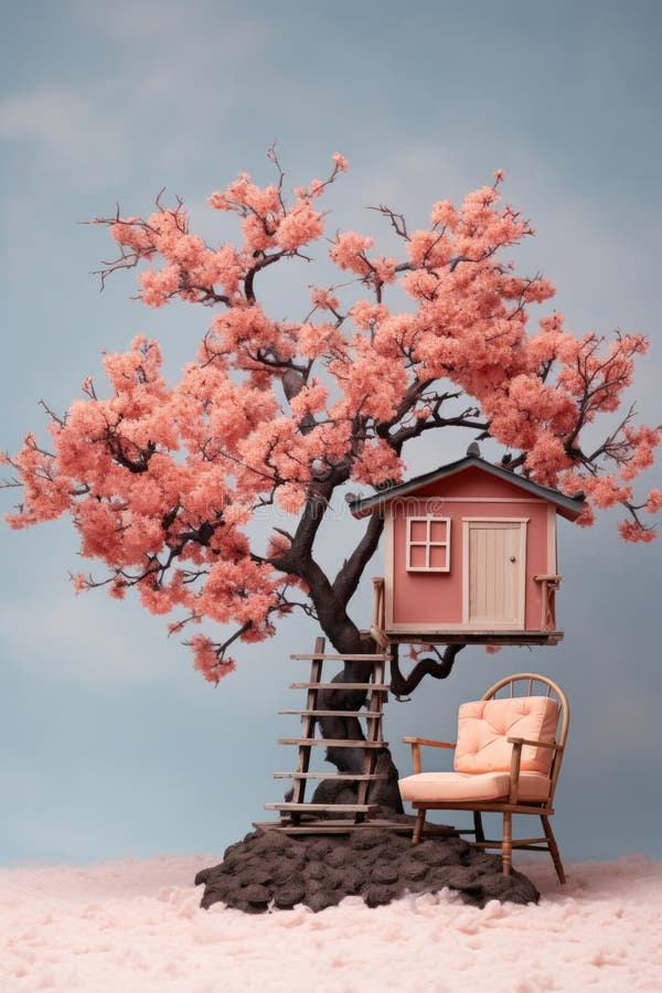 A Tree House with Pink Flowers and a Chair, AI Stock Photo - Image of ...