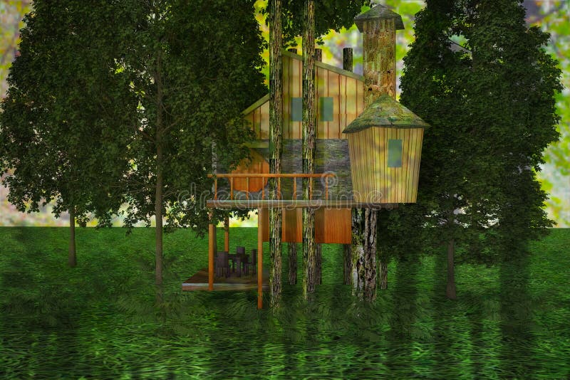 Tree House in between Plants Stock Illustration - Illustration of green ...