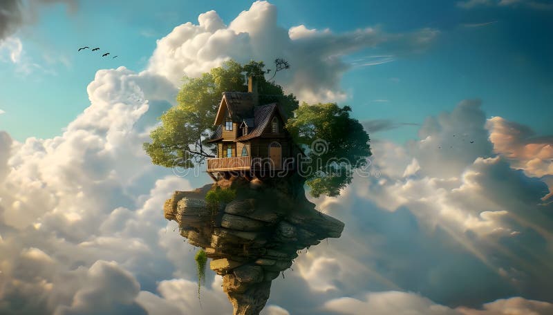 Tree House on Rock Flying in Sky Stock Illustration - Illustration of ...