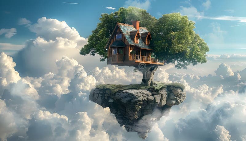 Tree House on Rock Flying in Sky Stock Illustration - Illustration of ...