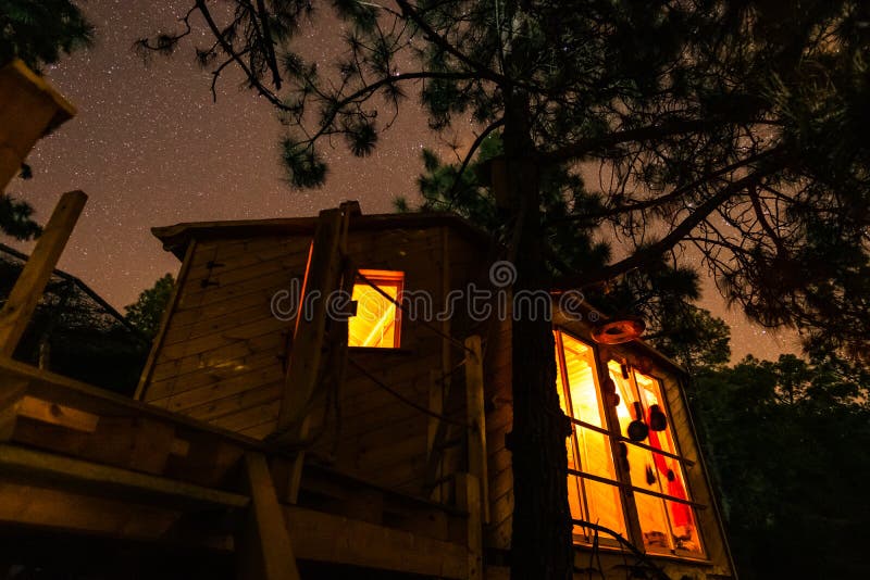 Tree House Under the Night Sky with Stars Stock Photo - Image of ...