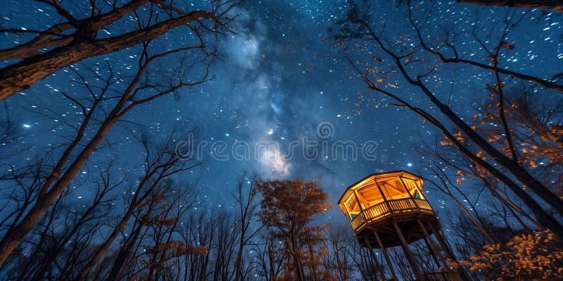 A Tree House in the Woods Under the Night Sky Filled with Stars Stock ...