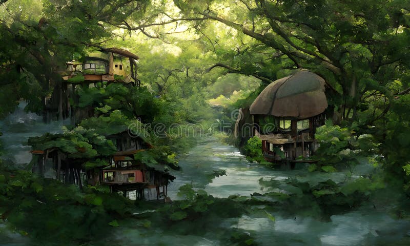 Tree houses in the mist stock illustration. Illustration of forest ...