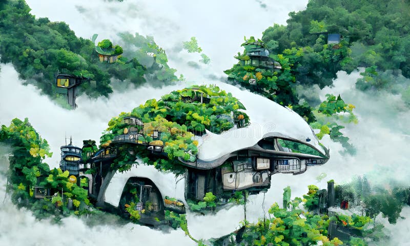 Tree houses in the mist stock illustration. Illustration of forest ...