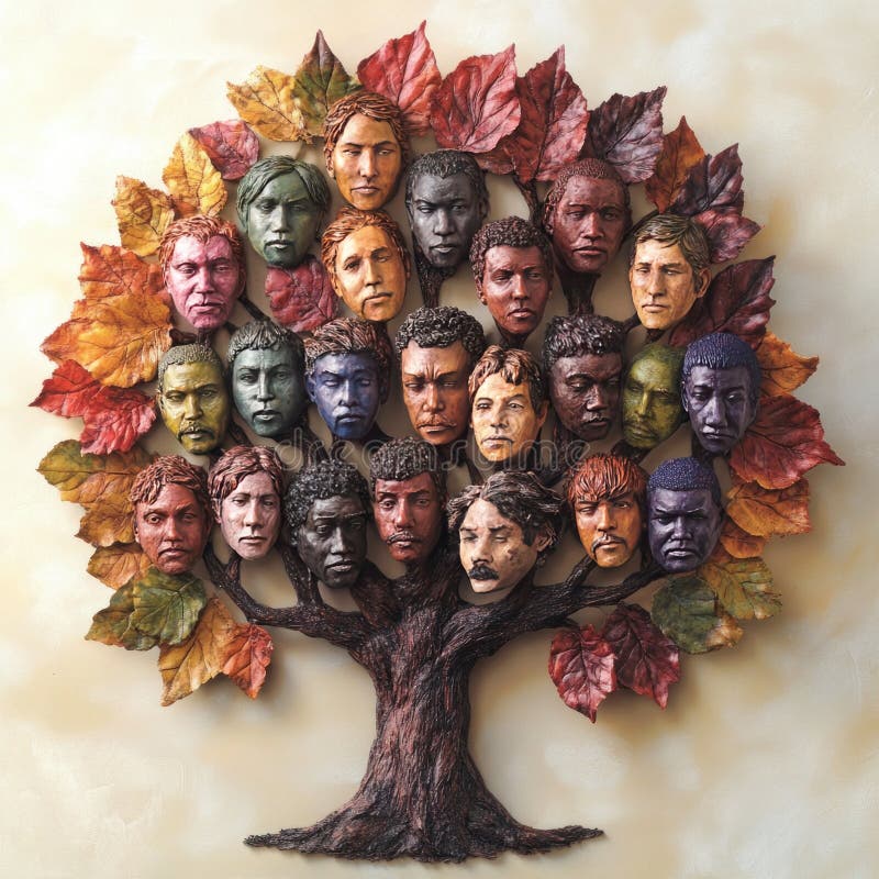 Tree with Humanlike Faces Representing Diverse Races Stock Illustration ...