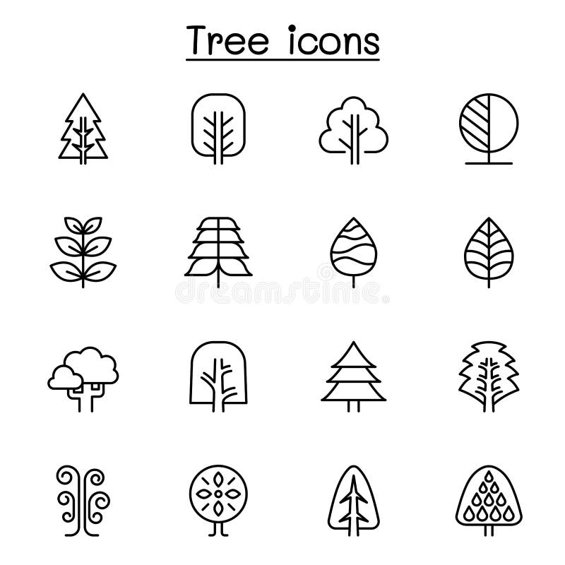 Tree Icon Set in Thin Line Style Stock Vector - Illustration of sprout ...