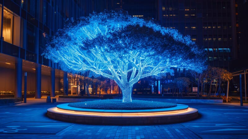 A Tree Illuminated with Blue Lights Stands in a City Square at Night ...