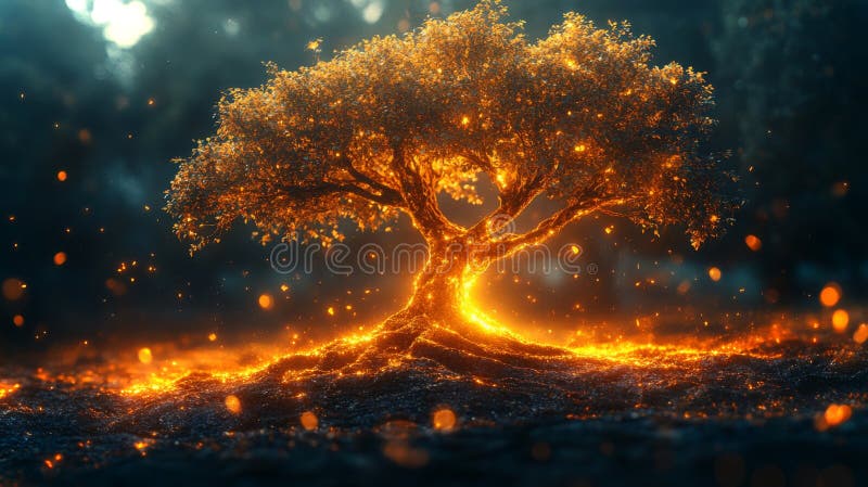 Tree Illuminated by Glowing Embers in a Mystical Forest at Twilight ...