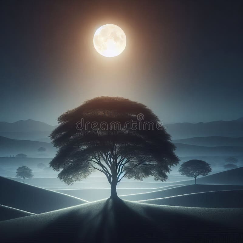 Tree Illuminated by Moon a Faint Glow from an Unseen Moon Casts Stock ...