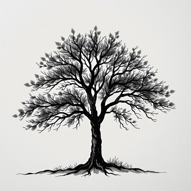 Tree Illustration with Ink Wash Depth and Texture Stock Illustration ...