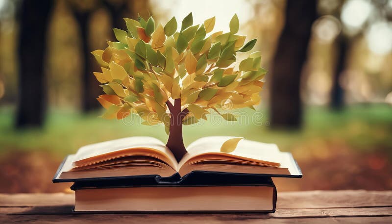 Tree is Inside of a Book that is Open To a Page with a Leaf on it Stock ...