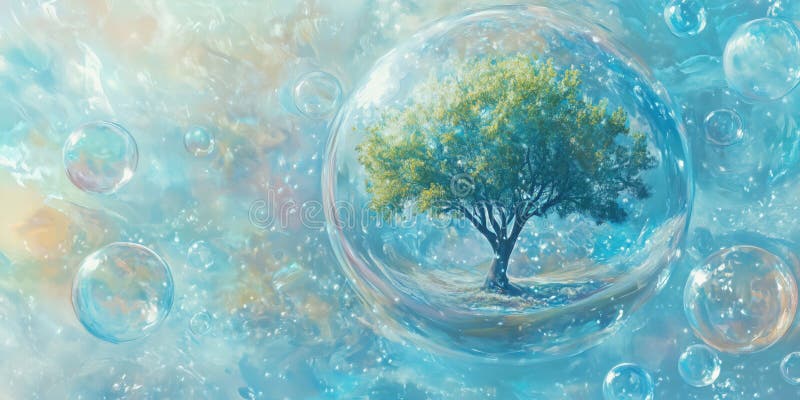 Tree Inside a Bubble with Dreamy Blue Background and Floating Bubbles ...