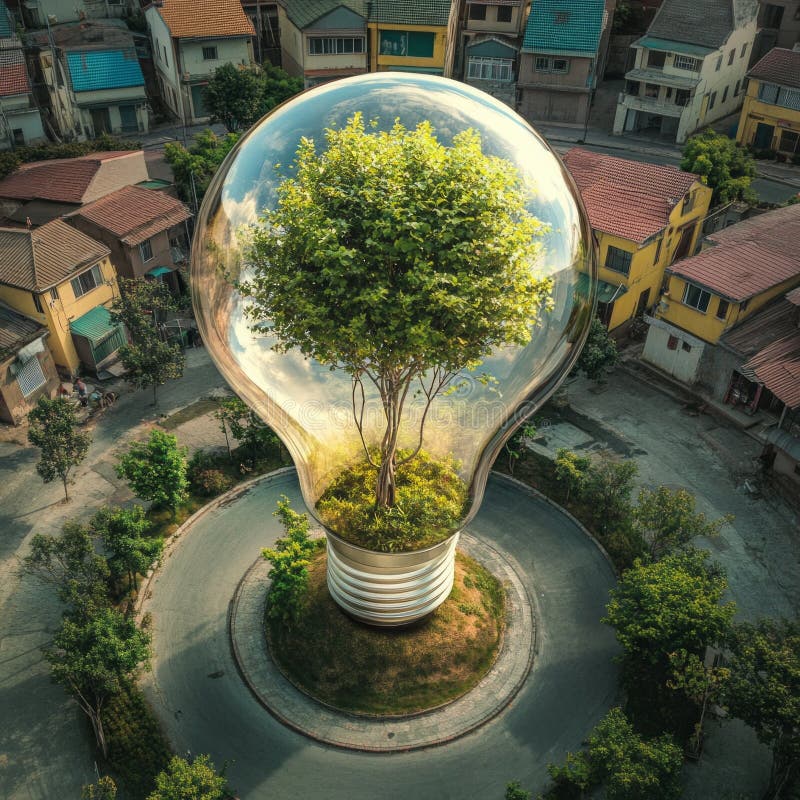 Tree Inside Light Bulb Art Installation in Urban Roundabout Stock Photo ...