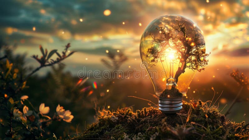 Tree Inside Light Bulb at Sunset Stock Image - Image of sunset ...