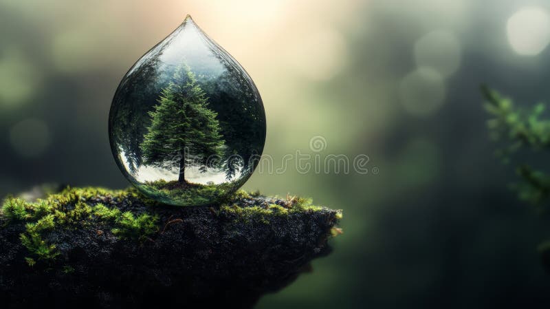 Tree Inside Water Droplet on Moss Stock Illustration - Illustration of ...