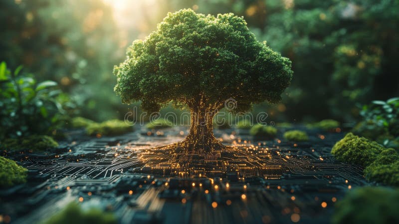 Tree Integrated with Circuit Board in Forest, Merging Nature and ...