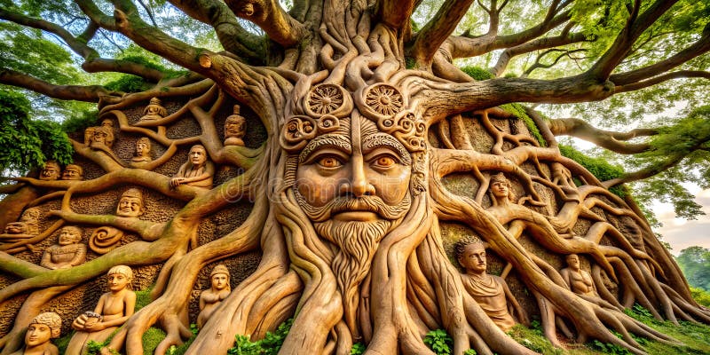 Tree with Intricate Carvings Telling Old Legend Stock Illustration ...