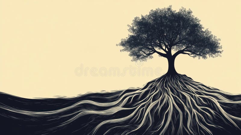 Tree with Intricate Roots and Silhouette Design Stock Photo - Image of ...