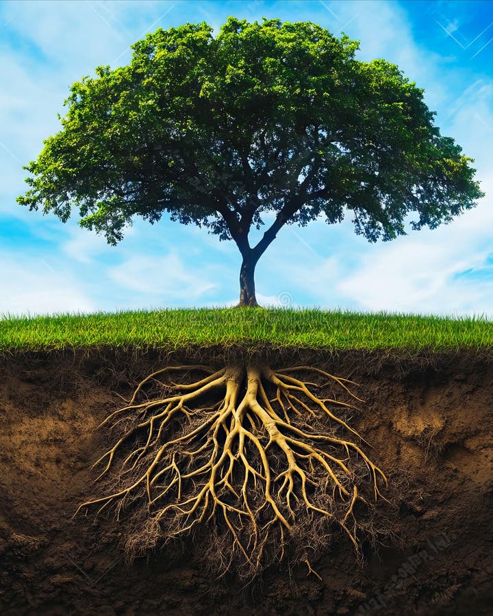 A Tree with Its Roots in the Ground and a Blue Sky Stock Photo - Image ...