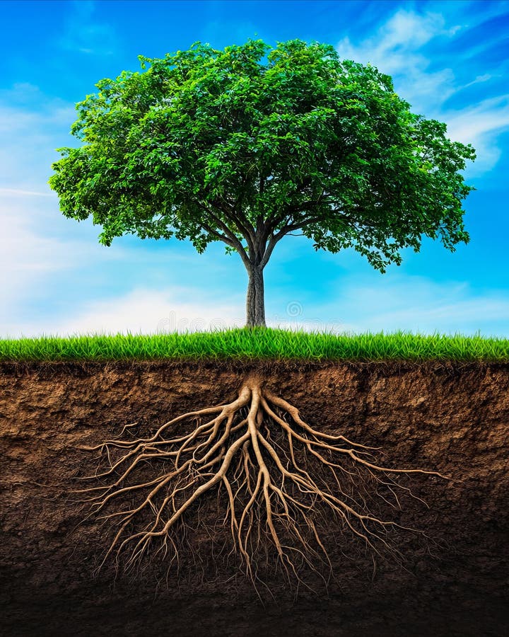 A Tree with Its Roots in the Ground and a Blue Sky Stock Image - Image ...