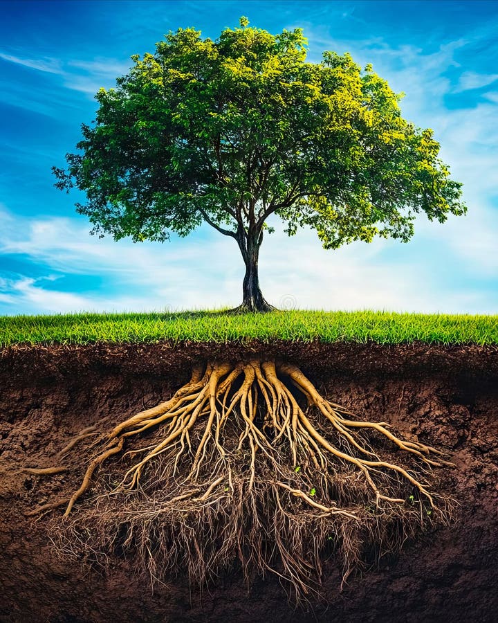 A Tree with Its Roots in the Ground and a Blue Sky Stock Photo - Image ...