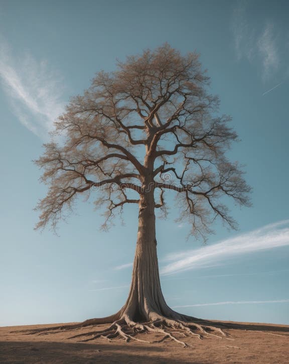 A Tree with Its Roots in the Ground and a Blue Sky Stock Image - Image ...