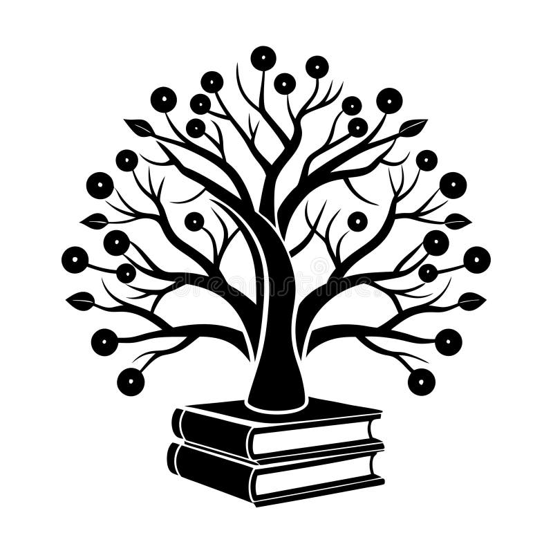 Tree of Knowledge: Books with Tree Growing from the Top. Black and ...