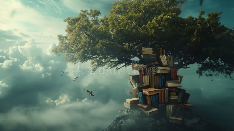 Tree of Knowledge with Books in Mystical Landscape Stock Image - Image ...