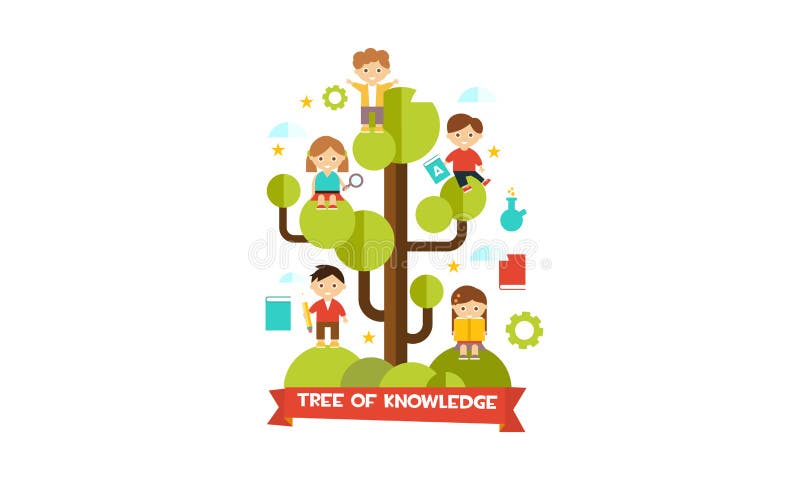 Tree of Knowledge, Cute Little Kids Sitting on a Tree Branches Vector ...