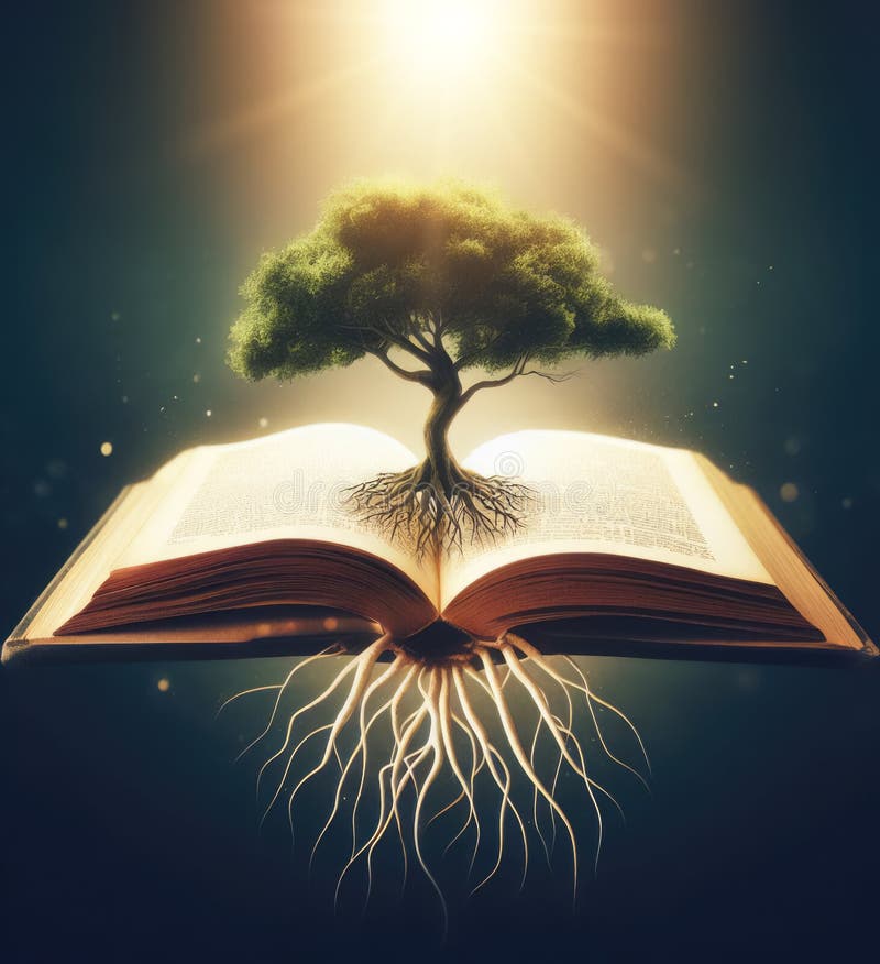 Tree of Knowledge with Deep Roots Raising from a Book , at Sunset ,rays ...