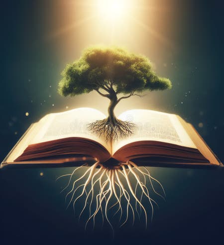 Tree of Knowledge with Deep Roots Raising from a Book , at Sunset ,rays ...