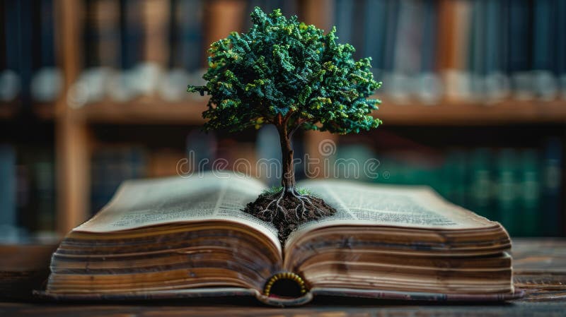 A Tree of Knowledge Growing from an Open Book in a Library Symbolizes ...