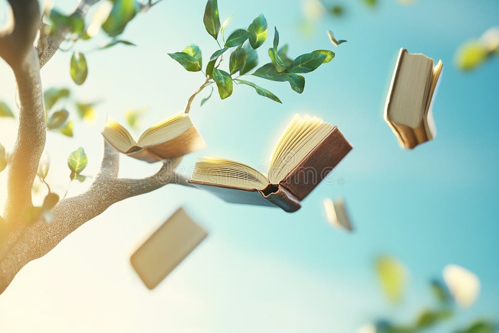 A Tree of Knowledge with Glowing Book Shaped Leaves Stock Illustration ...