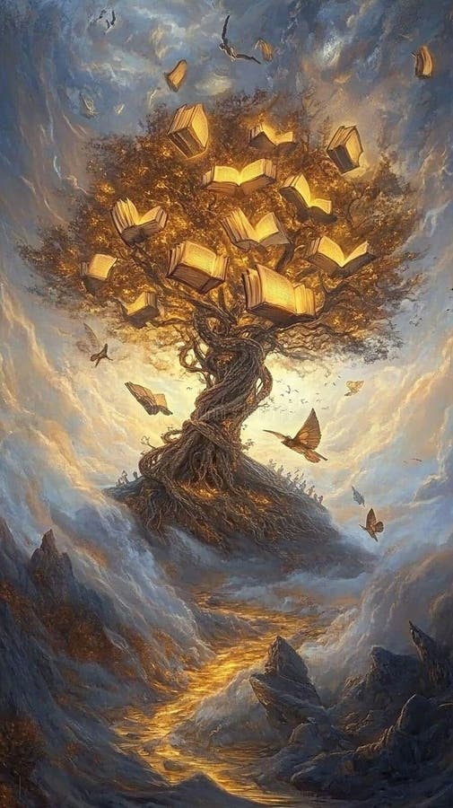 A Tree of Knowledge with Glowing Book Shaped Leaves Stock Illustration ...