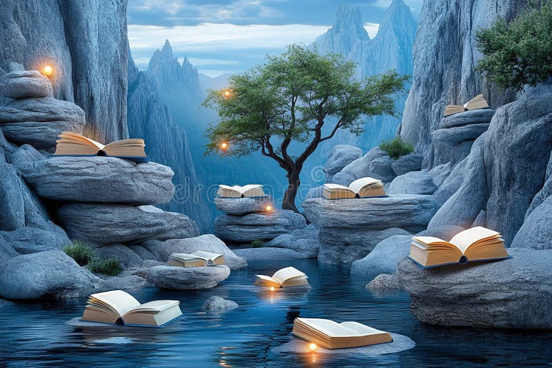 A Tree of Knowledge with Glowing Book Shaped Leaves Stock Illustration ...