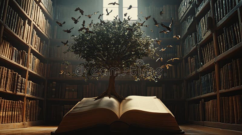 Tree of Knowledge Growing from Open Book in Library Stock Image - Image ...