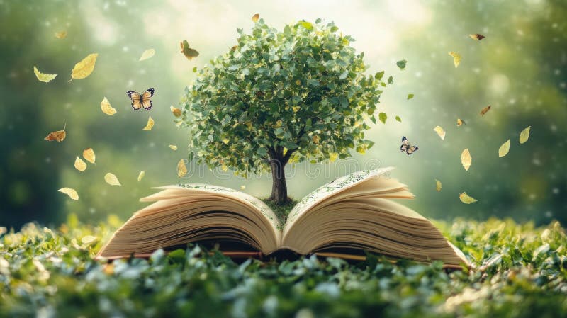Tree of Knowledge Growing from an Open Book in the Library Stock Photo ...