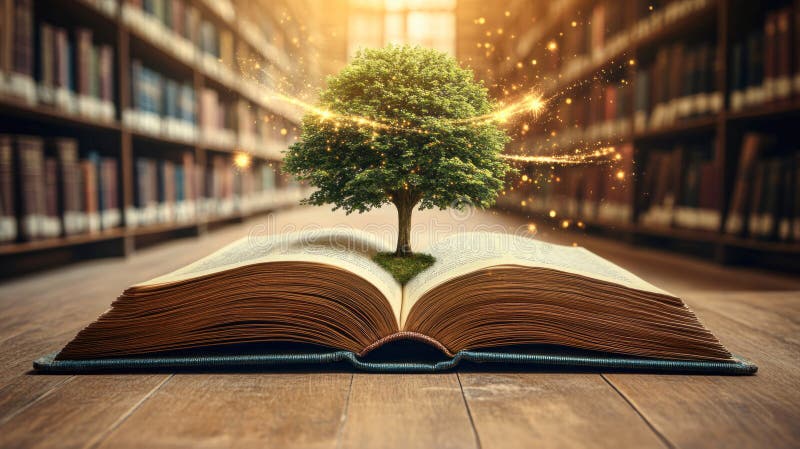 Glowing Tree Knowledge Growing Open Book Library Stock Photos - Free ...