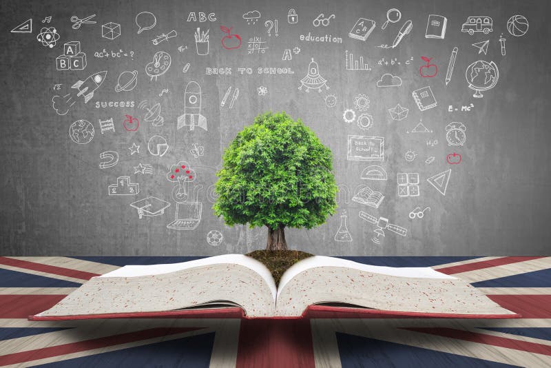 Tree of Knowledge Growing on Textbook with Doodle on UK Great Britian ...