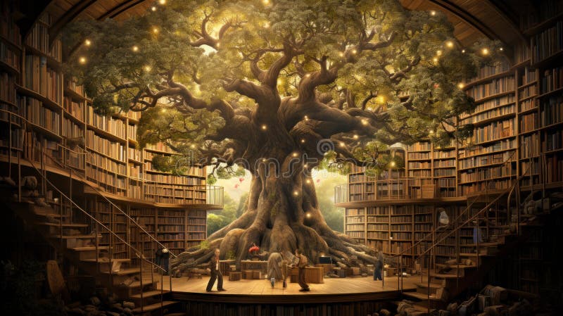 Tree of Knowledge Library stock illustration. Illustration of library ...