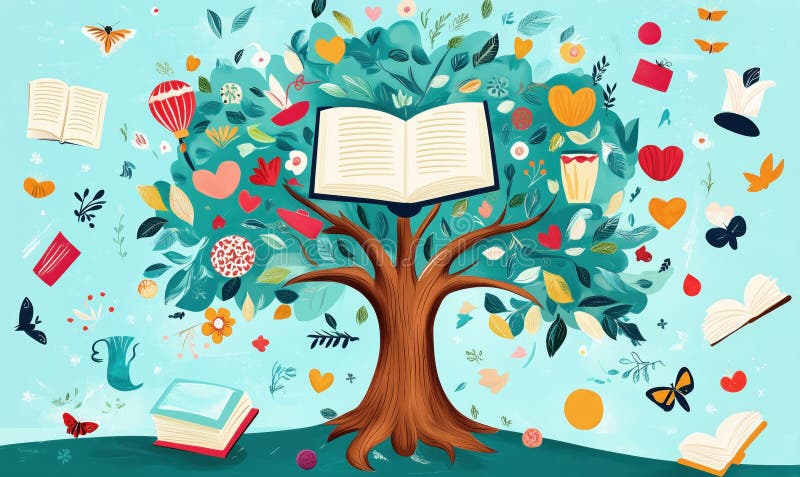 Tree of Knowledge with Open Book Surrounded by Colorful Elements ...