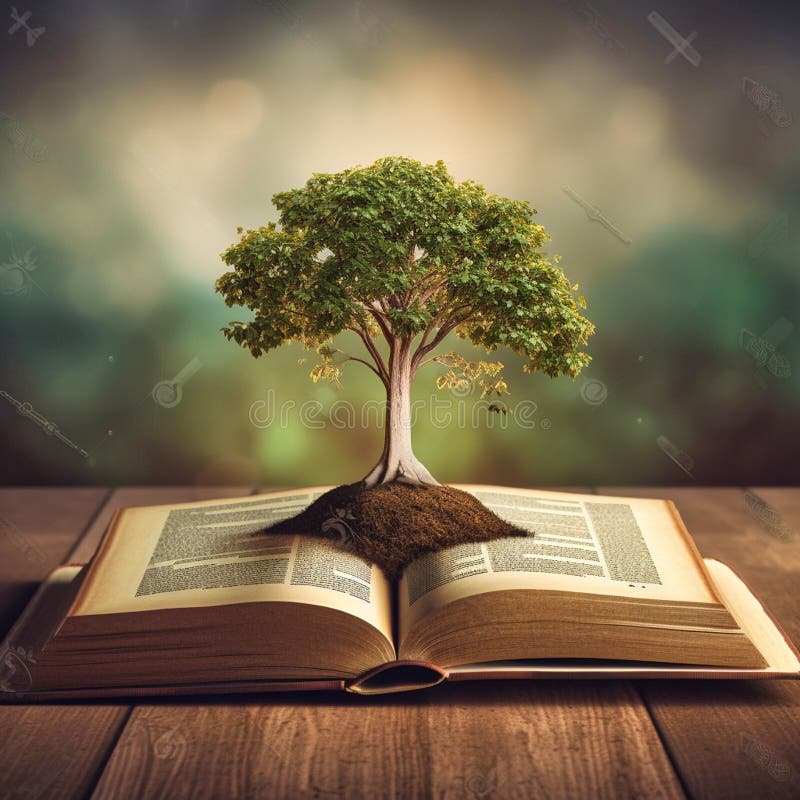 Tree of Knowledge Planting on Opening Old Big Book, Generative AI Stock ...