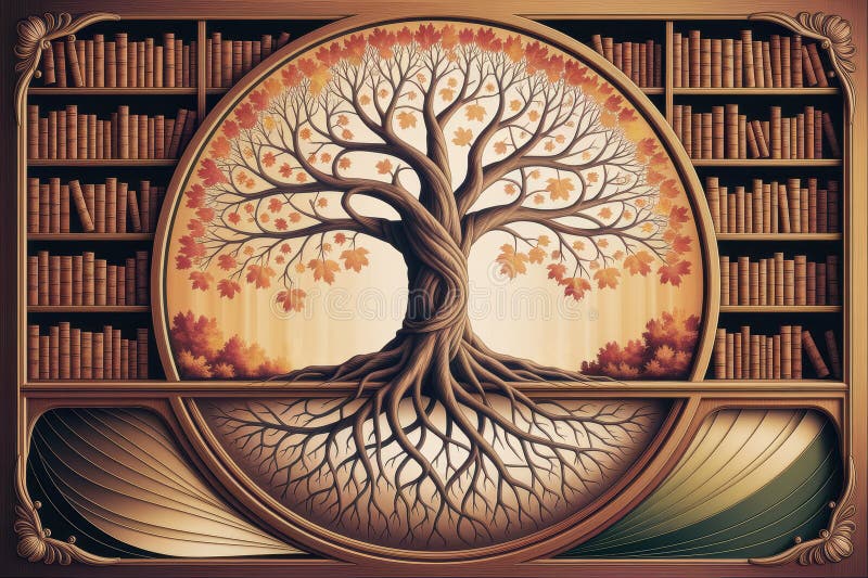 Tree of Knowledge Surrounded by Books in a Library Setting with Autumn ...