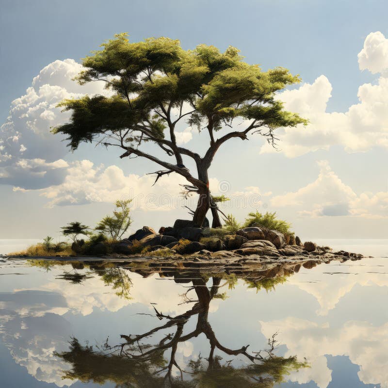Tree in Lake with Reflection Stock Image - Image of clouds, nature ...