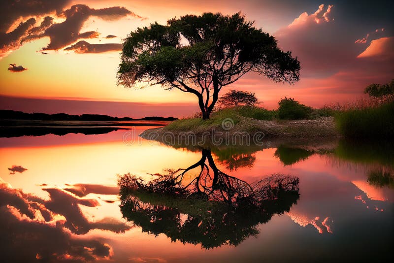 Tree by the Lake at Sunset. Generative AI Stock Illustration ...